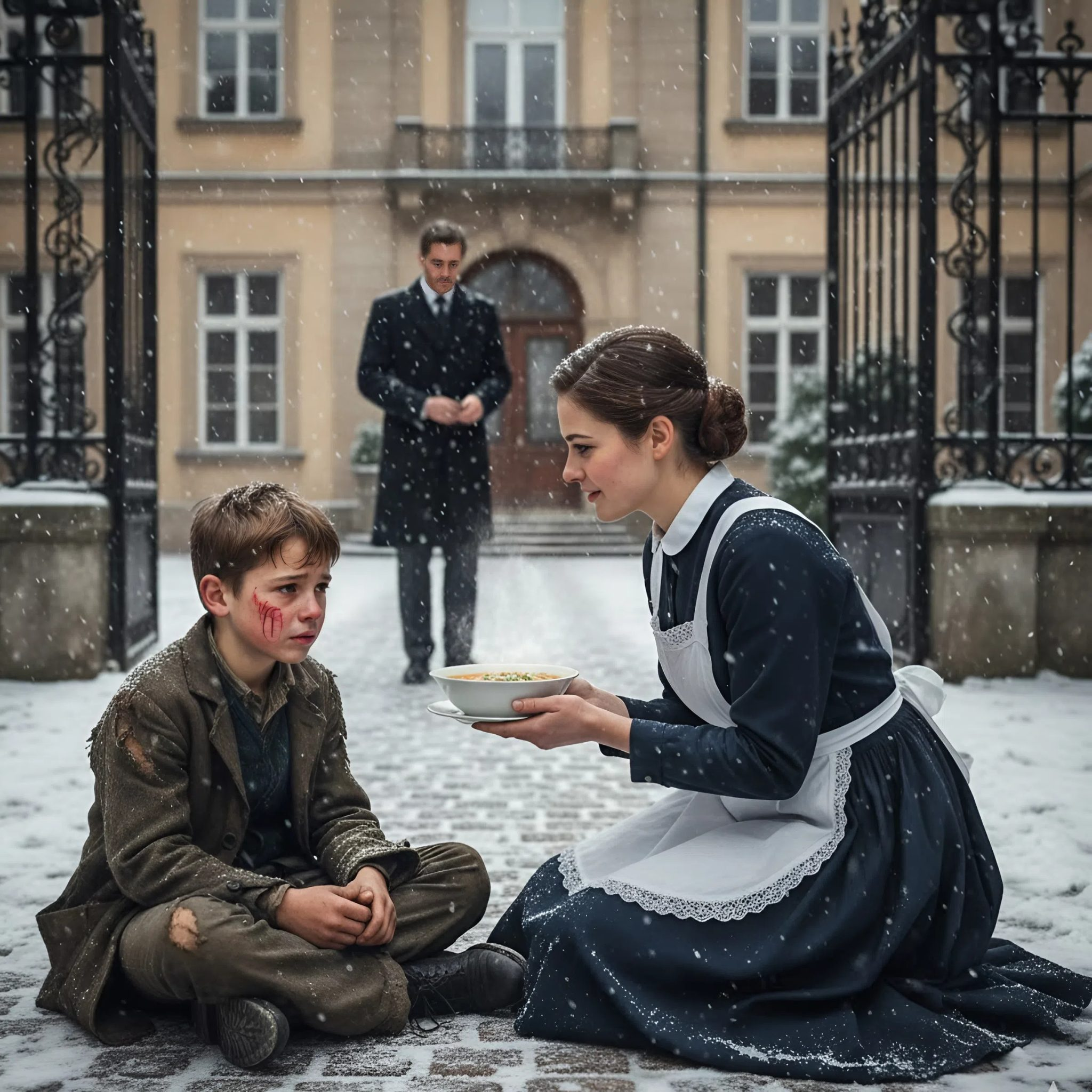 A kind maid saw a small, hungry child shivering outside the mansion ...